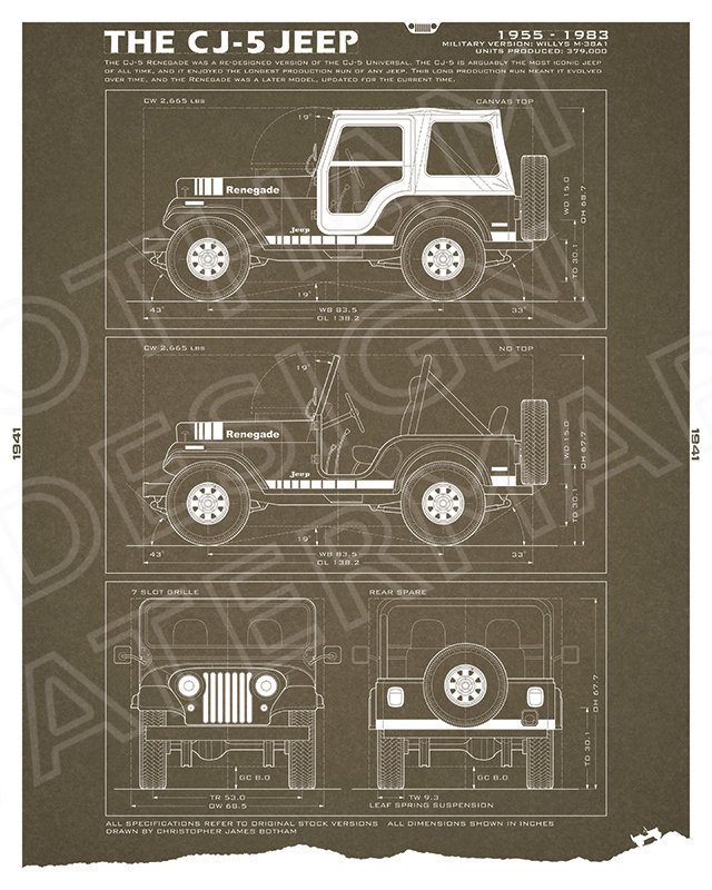 CJ-5 Renegade Jeep Blueprint - Unframed Wall Print - Etsy