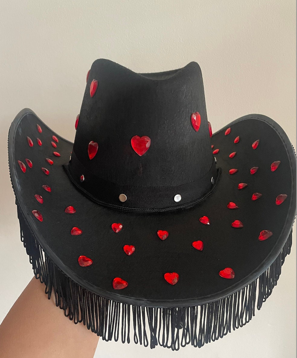 Black Cowboy Hat With Red Love Heart Rhinestone Gems and Black Fringing - Etsy