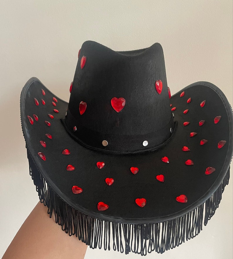Black Cowboy Hat With Red Love Heart Rhinestone Gems and Black Fringing ...