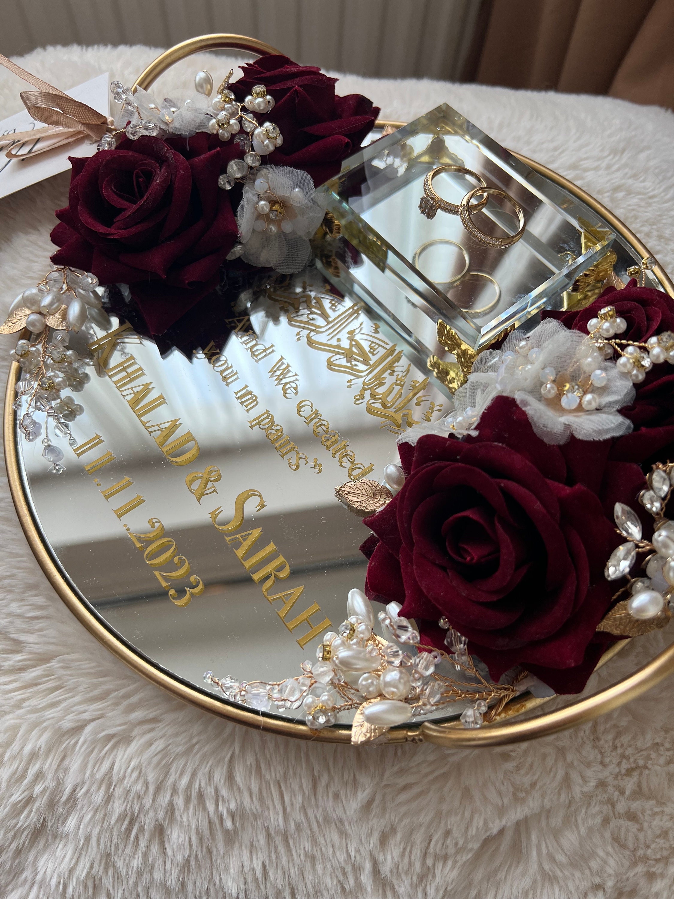 Personalised Wedding / Nikkah Ring Plate With Ring Stand and Maroon ...