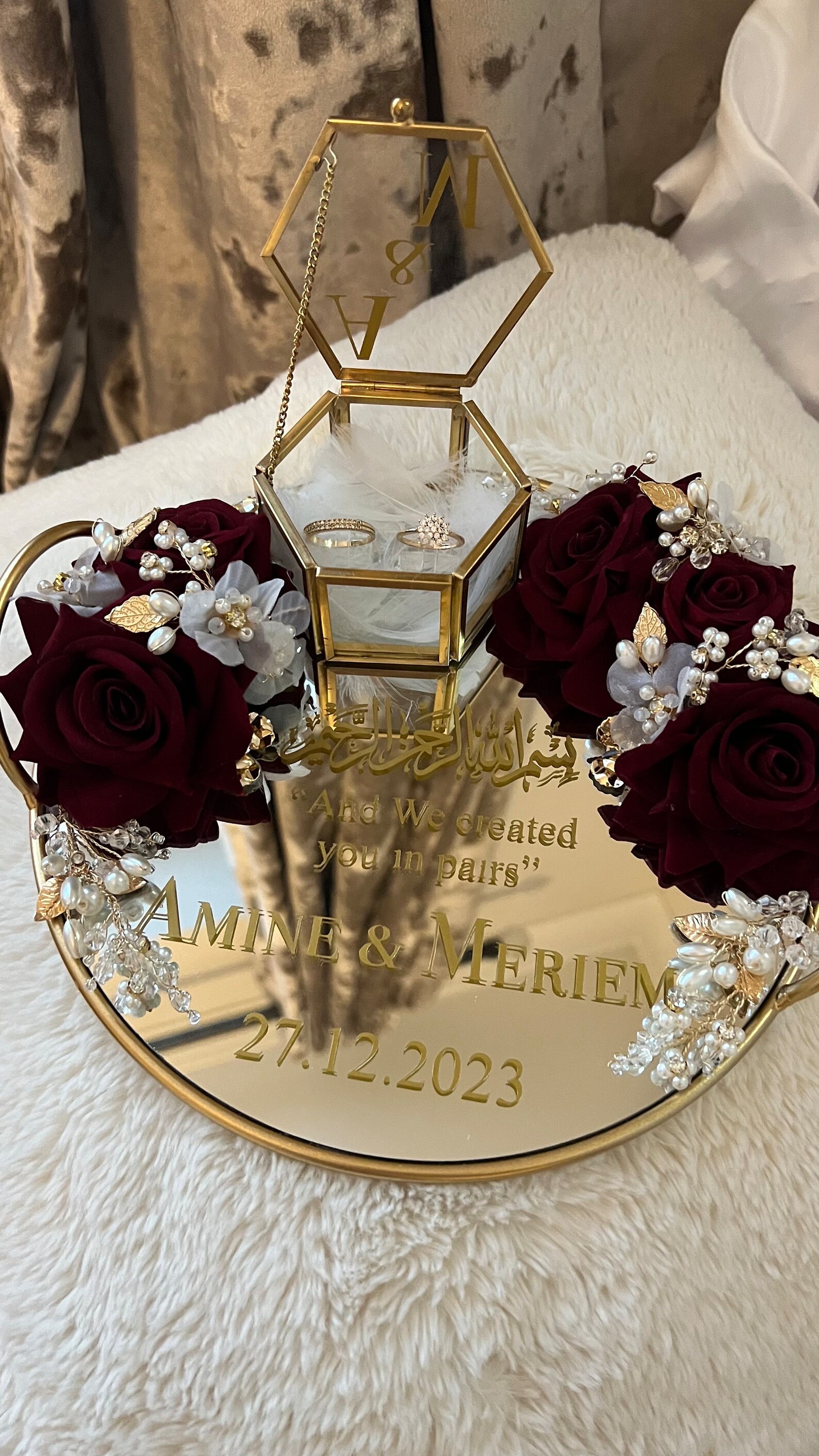 Personalised Wedding / Nikkah Ring Plate With Ring Stand and Maroon ...