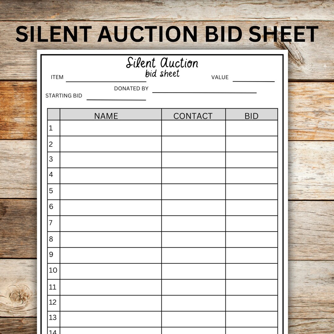Silent Auction Bid Sheet PDF Download Instant Charity Gift Auction ...