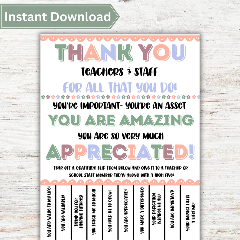 Teacher Appreciation Gift for Classroom Staff Thank You Note Gratitude ...