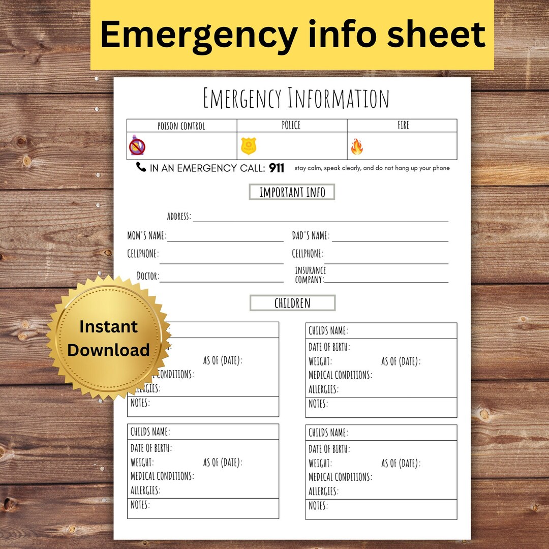 Emergency Information Sheet Babysitting Printable Babysitter Notes in ...