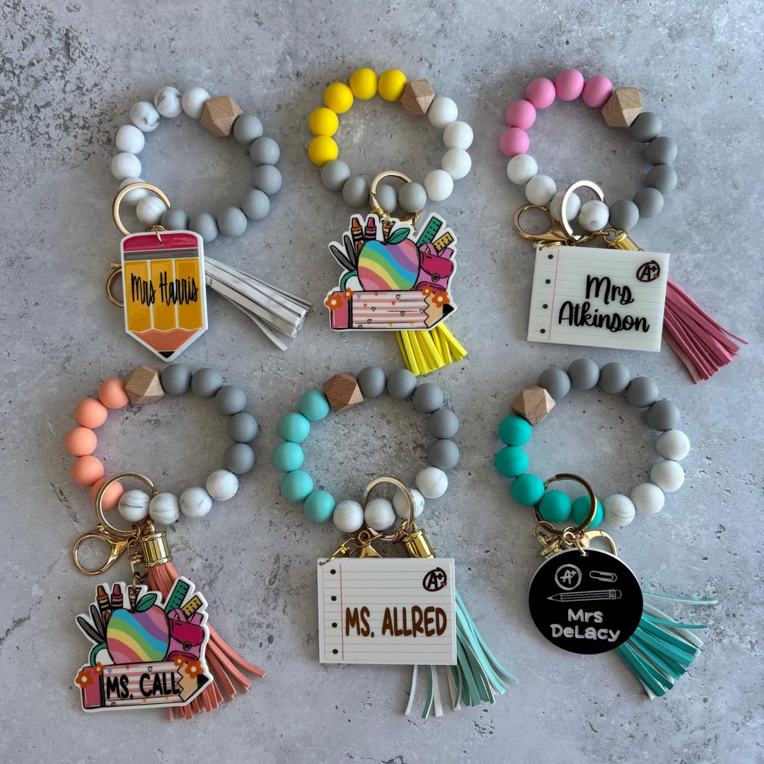 Silicone Wristlet Teacher Keychain Silicone Beaded Bangle for Keys ...