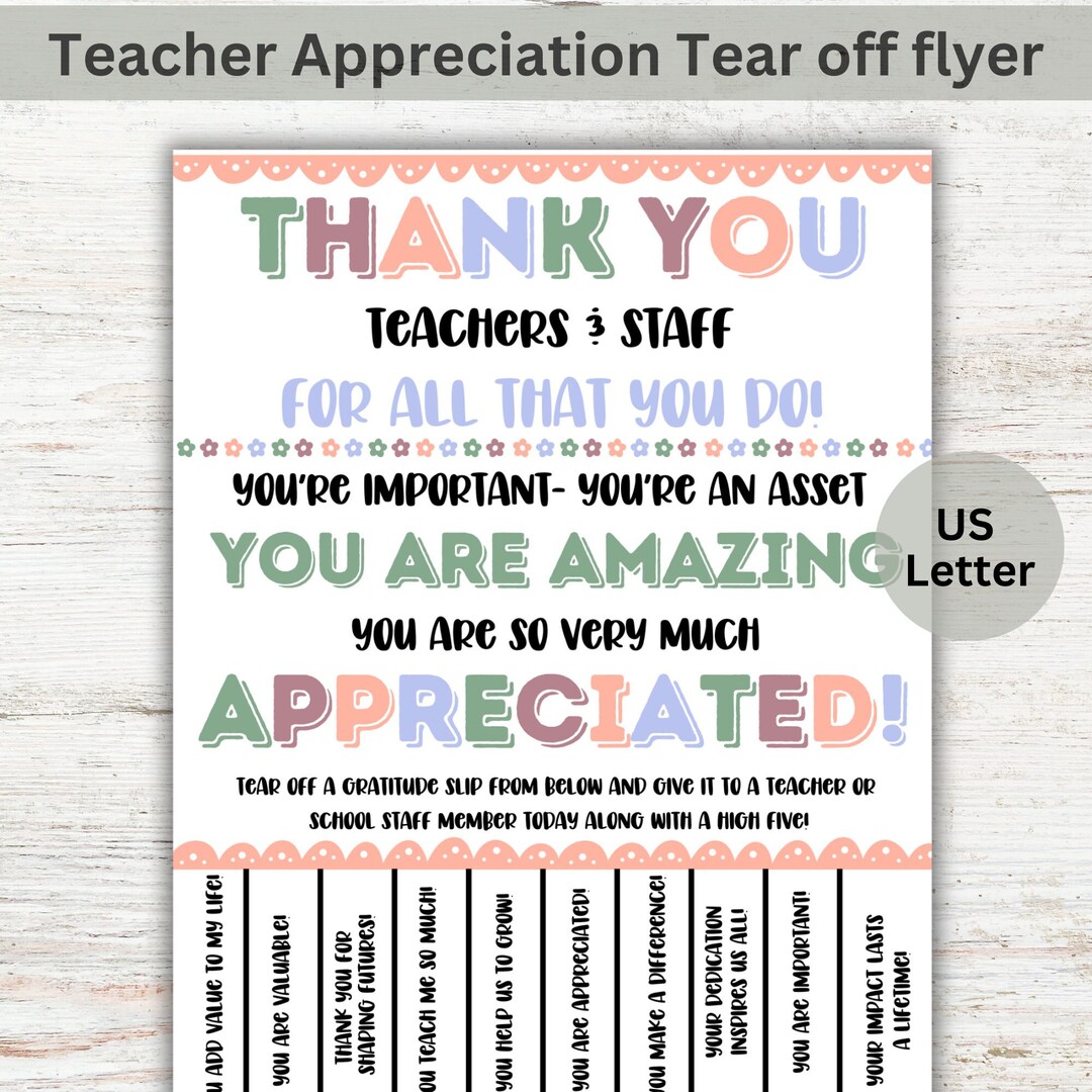 Teacher Appreciation Gift for Classroom Staff Thank You Note Gratitude ...