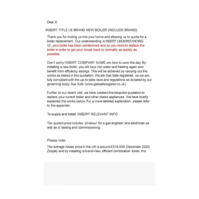 Boiler Installation Quote Template - Digital Download for Domestic ...