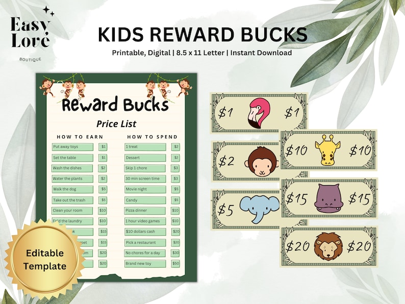 Editable Kids Reward Bucks, Printable, Mom Bucks, Editable Chore Chart ...