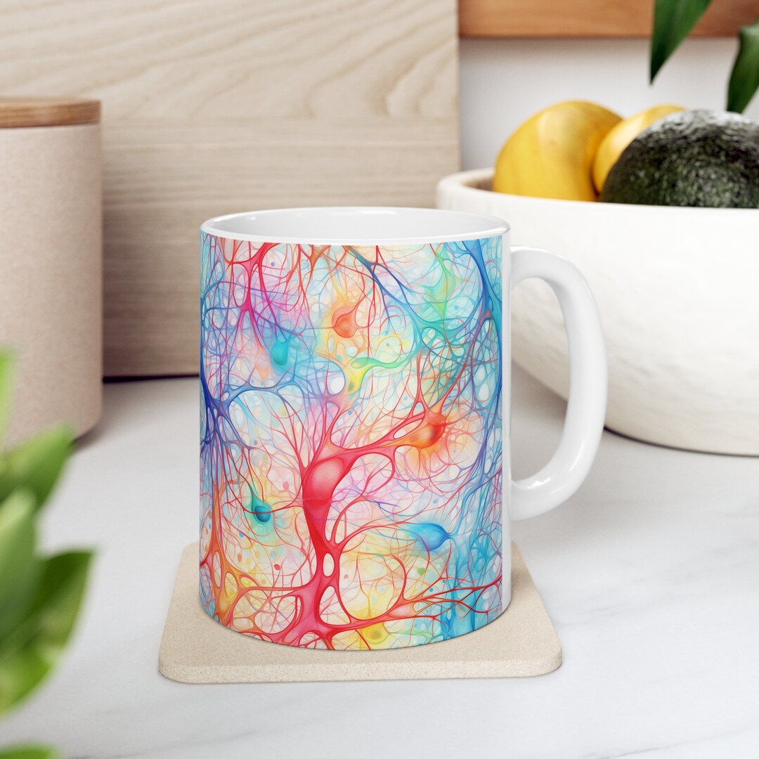 Neuroart Ceramic Brain Mug - Colorful Synapse Network 11oz Cup - Etsy