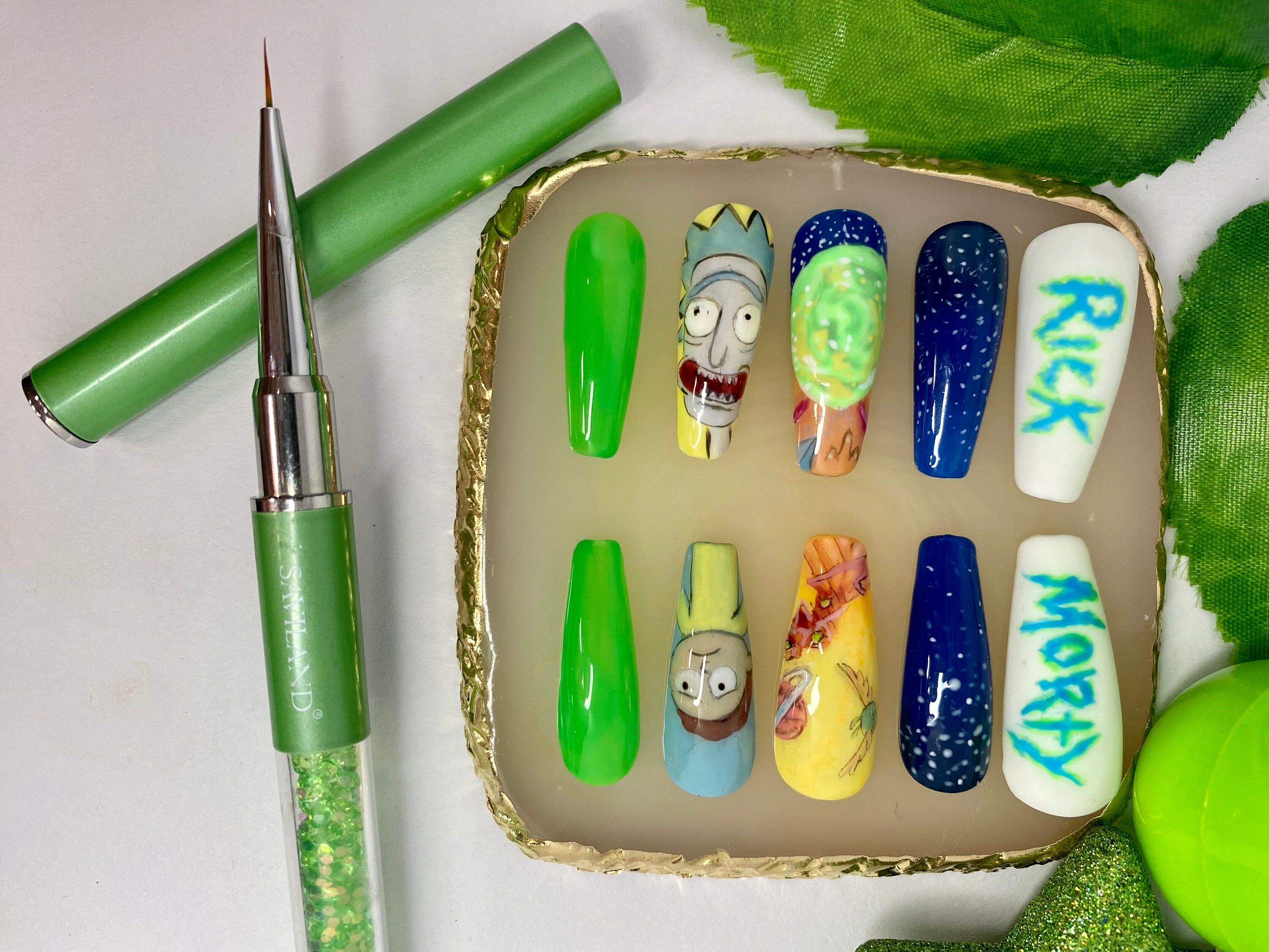 Rick and Morty glow in the dark Custom Painted Gel Press on Nails ...