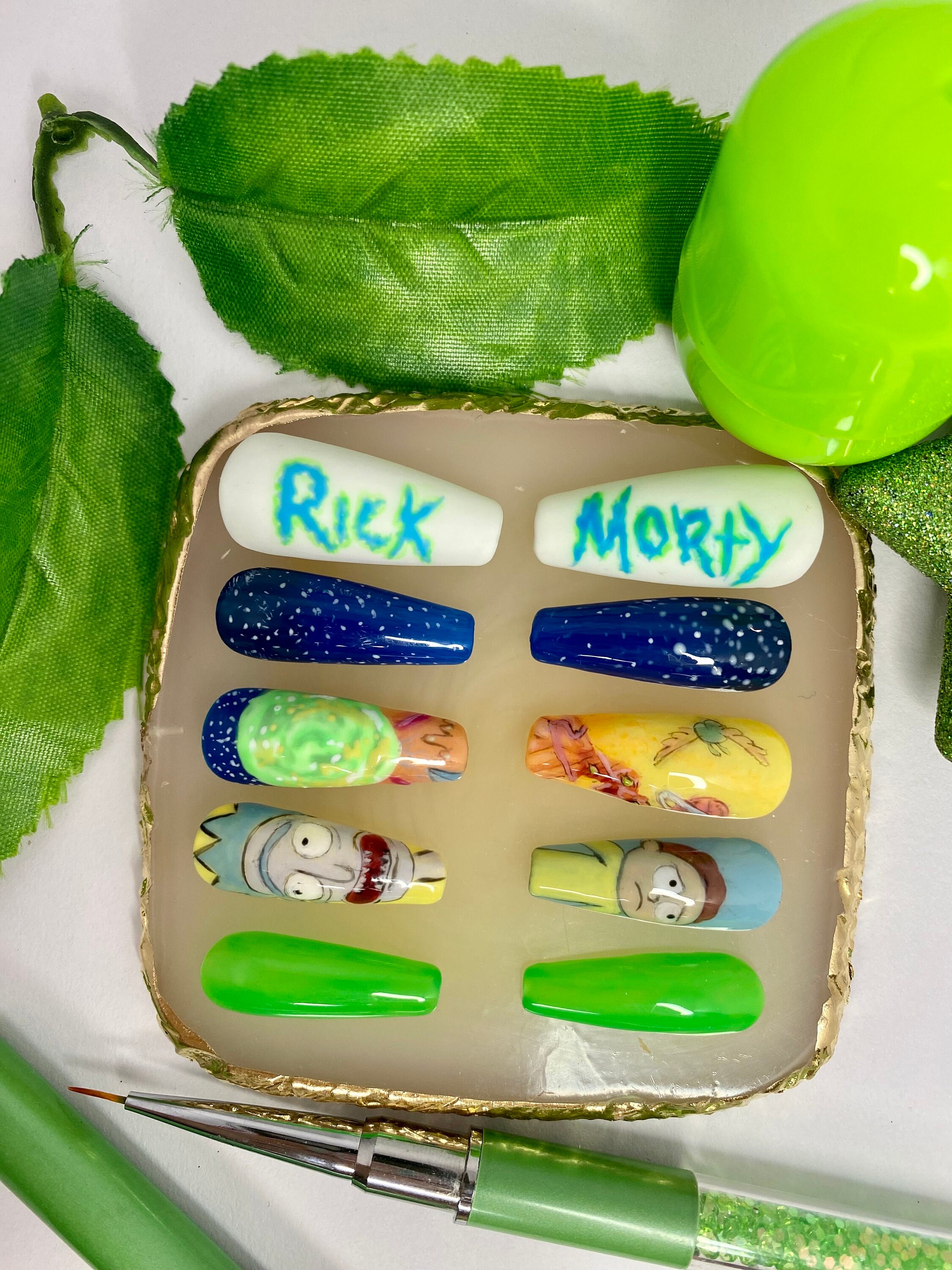 Rick and Morty glow in the dark Custom Painted Gel Press on Nails ...