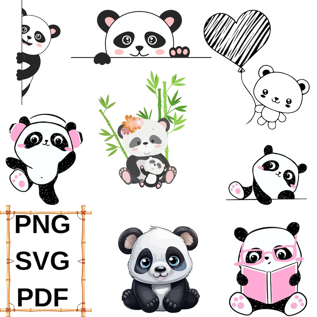 Panda Svg Clipart, Baby Pandas Silhouette, Cute Panda Template, Kawaii ...