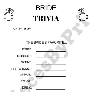 Bride Trivia Printable Custom Design Game for Guests Bridal Shower ...