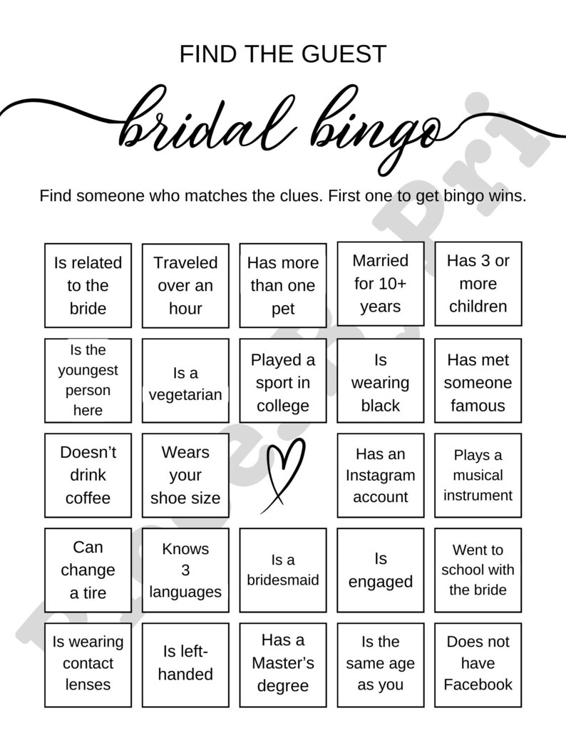 Bridal Bingo Printable Custom Design Game for Guests Bridal Shower ...