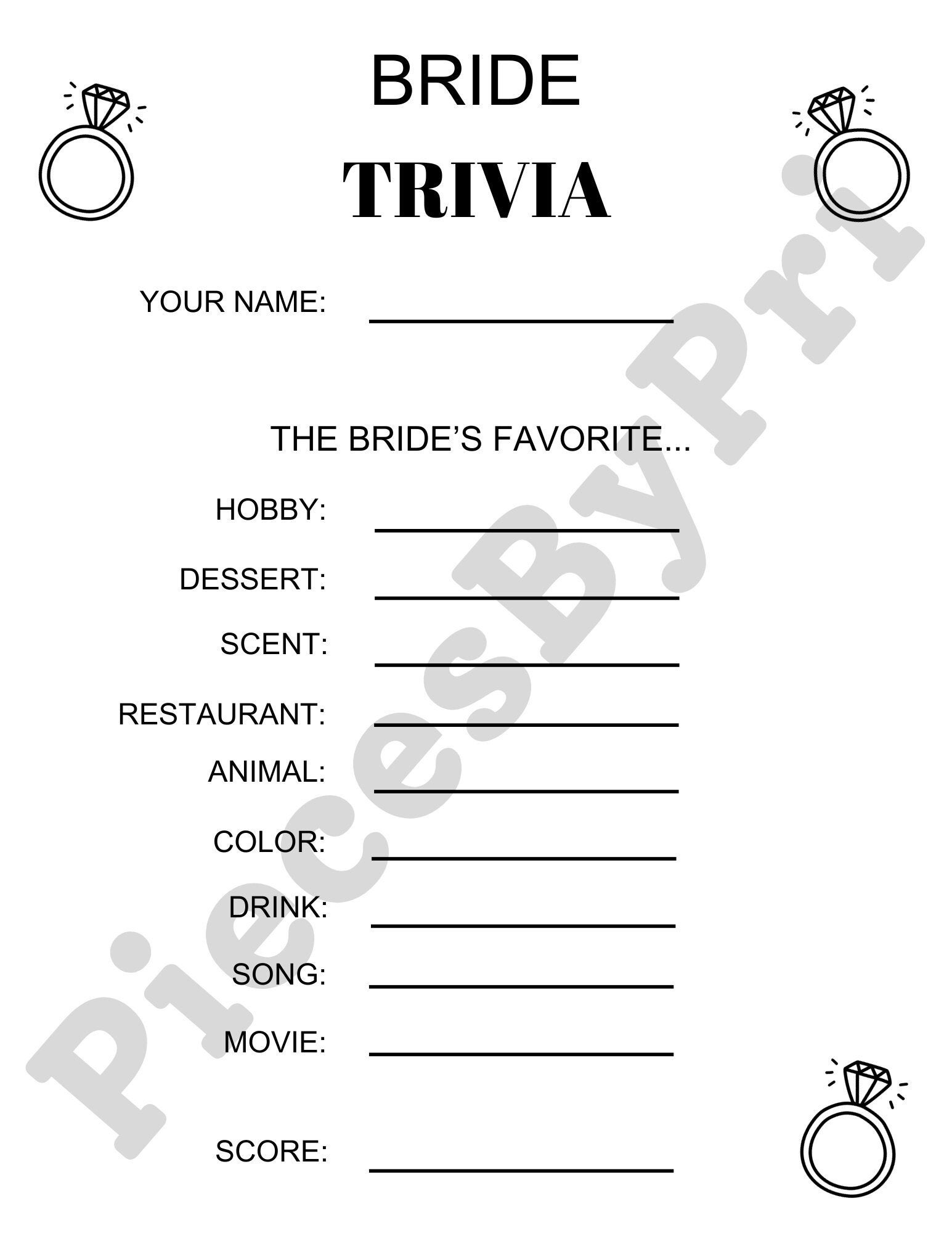 Bride Trivia Printable Custom Design Game for Guests Bridal Shower ...