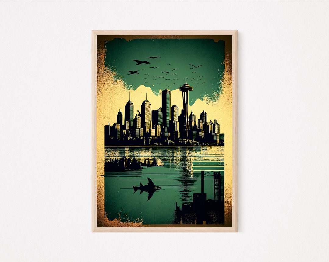 Vintage Seattle Skyline Art, Digital Download Art, City Skyline Art ...