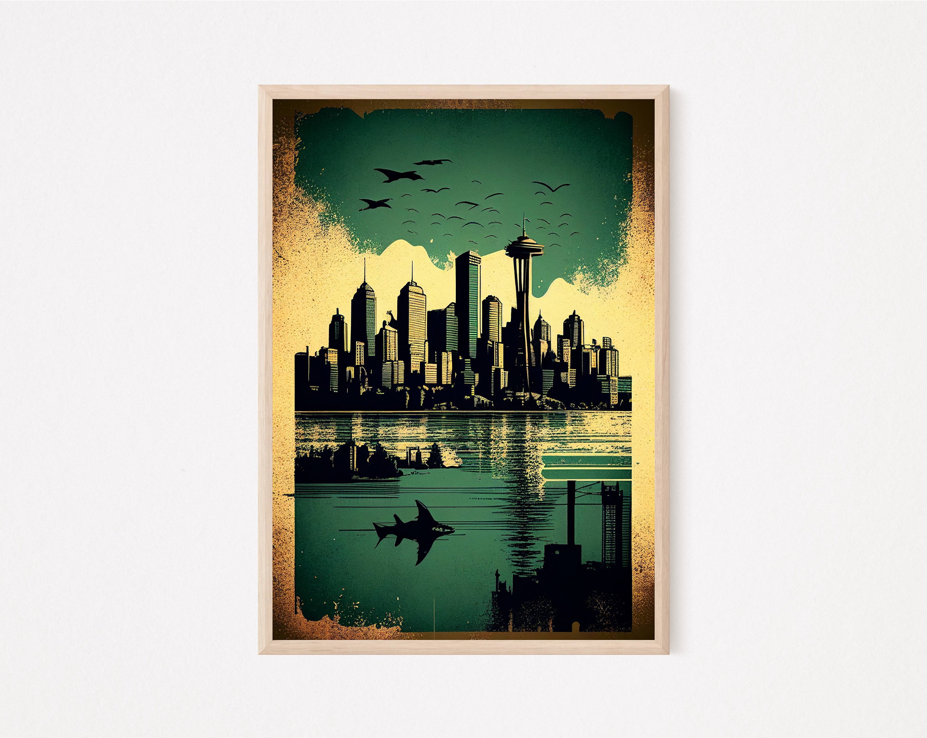 Vintage Seattle Skyline Art, Digital Download Art, City Skyline Art ...