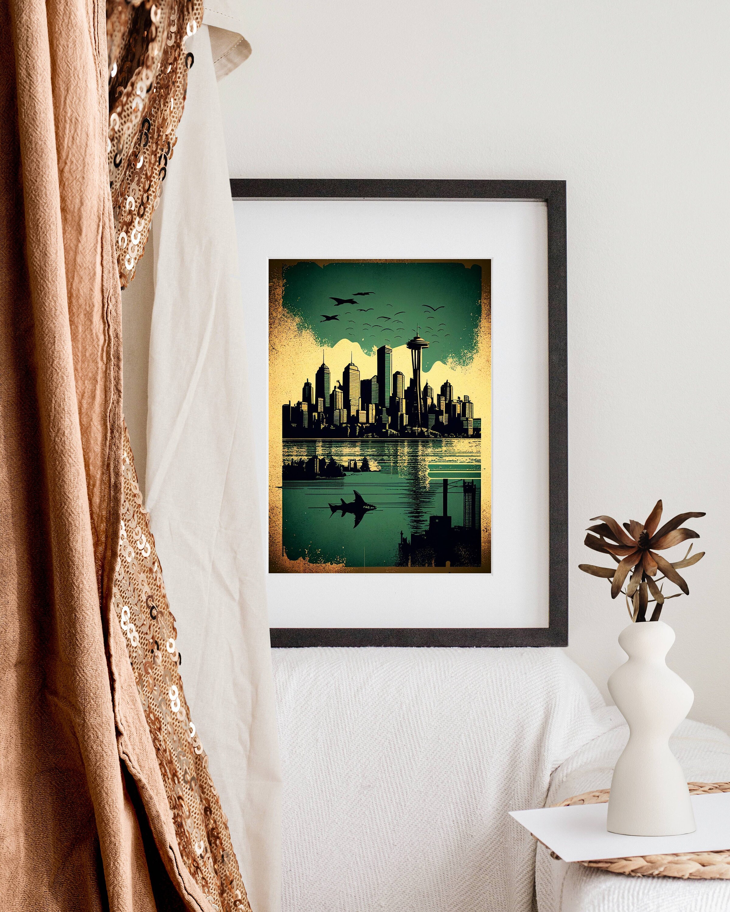 Vintage Seattle Skyline Art, Digital Download Art, City Skyline Art ...