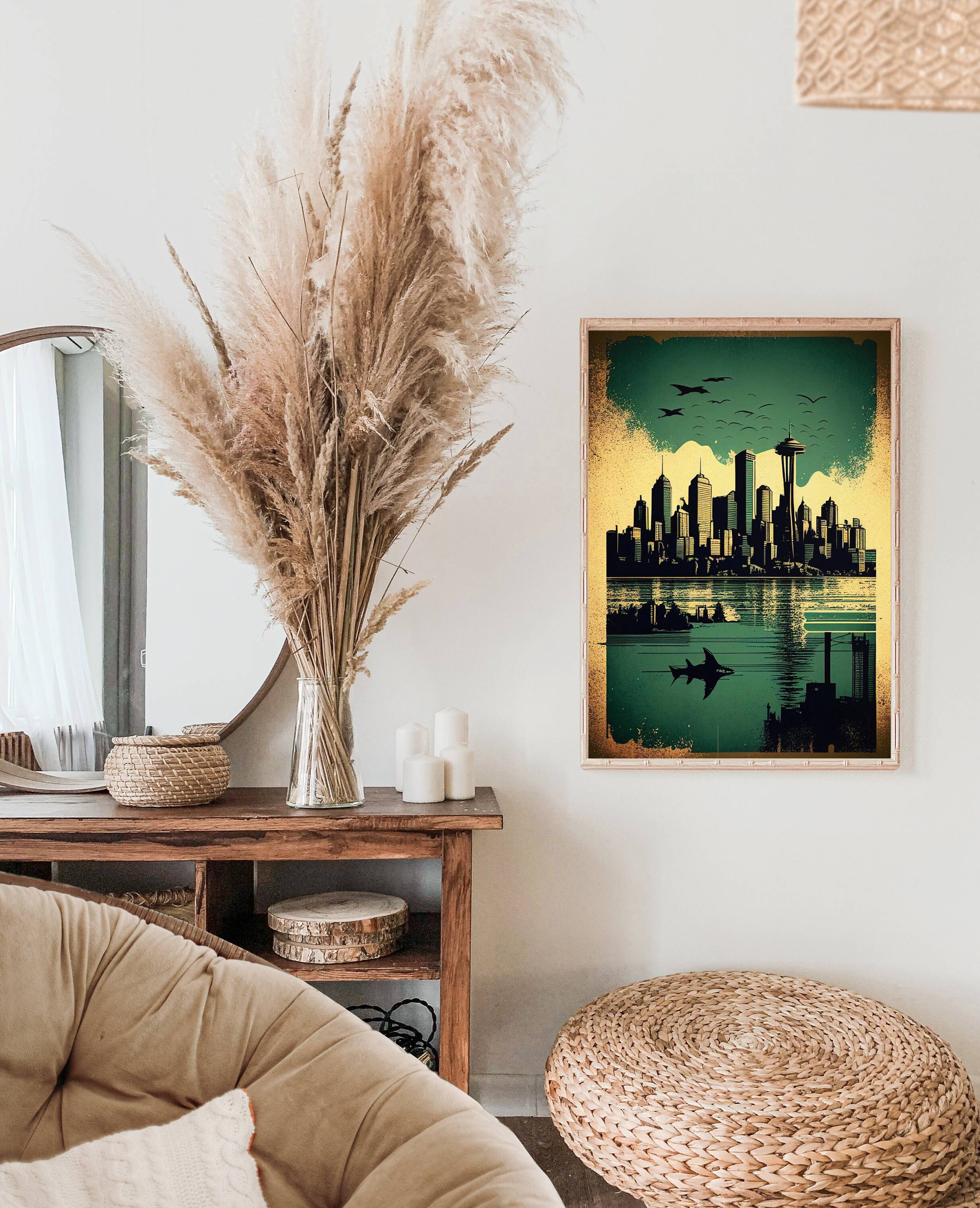 Vintage Seattle Skyline Art, Digital Download Art, City Skyline Art ...