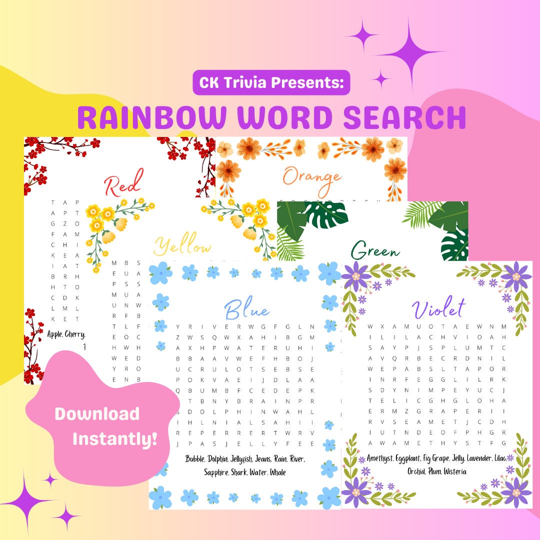Rainbow Word Search Bundle - 6 Puzzles - Red, Orange, Yellow, Green, Blue, Violet - Etsy
