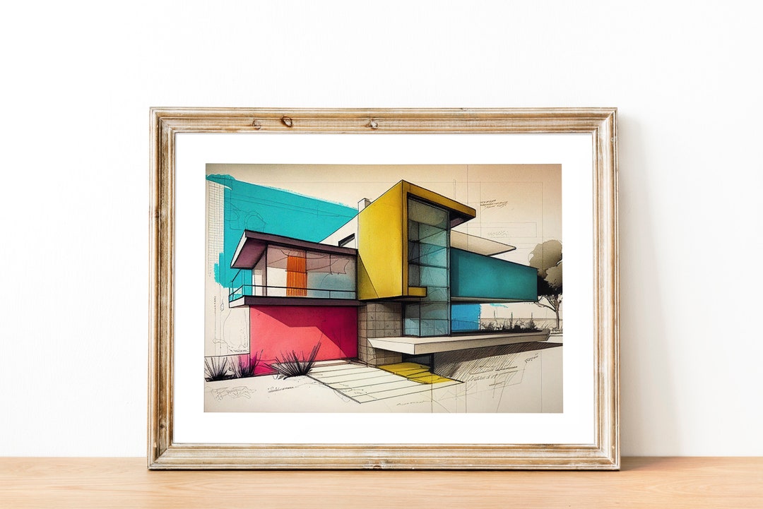 Retro Primary Colored Block Building | Pencil, Watercolor, Ink Drawing ...