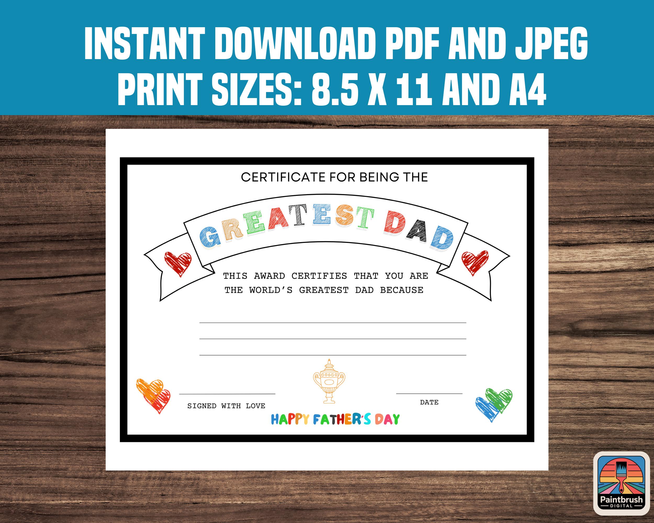 Printable Dad Certificate Gift - Father's Day PDF - All About Dad ...