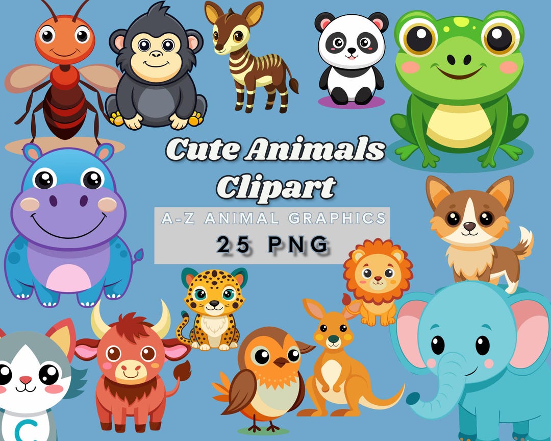 Cute A-Z Animal Clipart 25 Safari Animal PNG Stickers High-res Alphabet ...