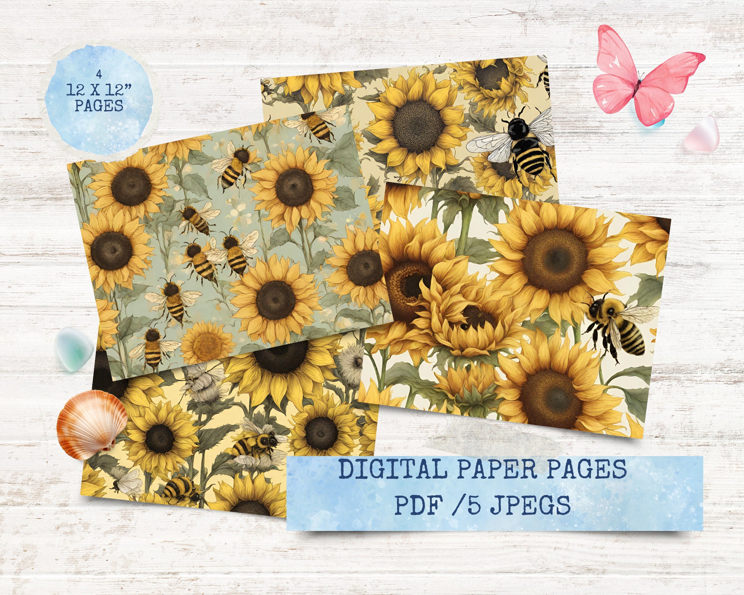 Bee Digital Paper, Bee Scrapbook Paper, Sunflower Background, Digital ...