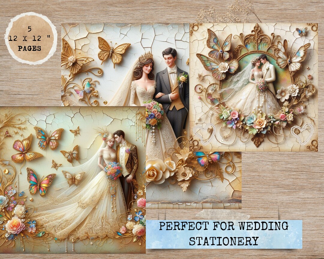 Wedding Digital Paper, Gold Boho Wedding Background, Flowers and Lace ...