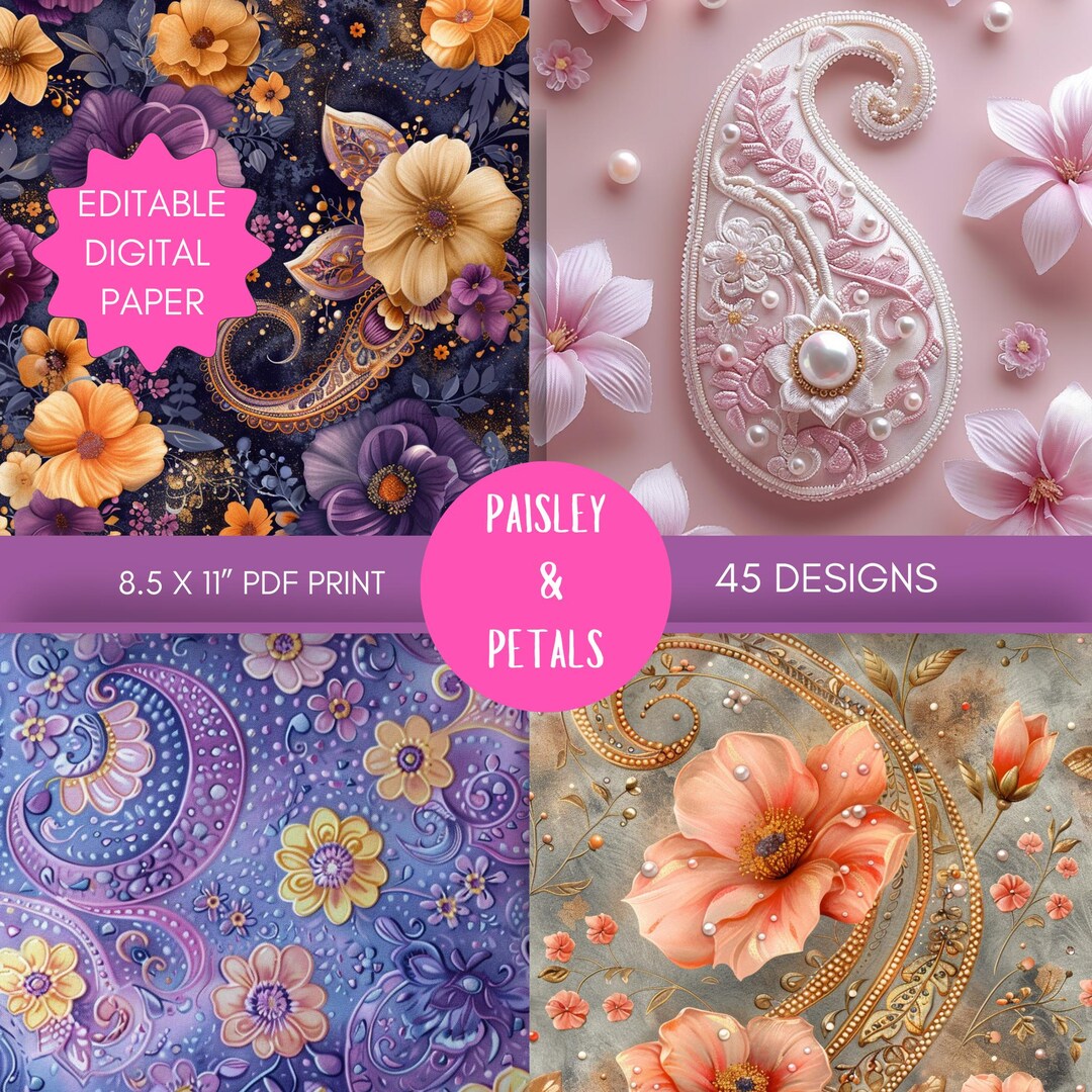 Paisley and Petal Digital Paper, Paisley Digital Paper, Paper Paisley ...