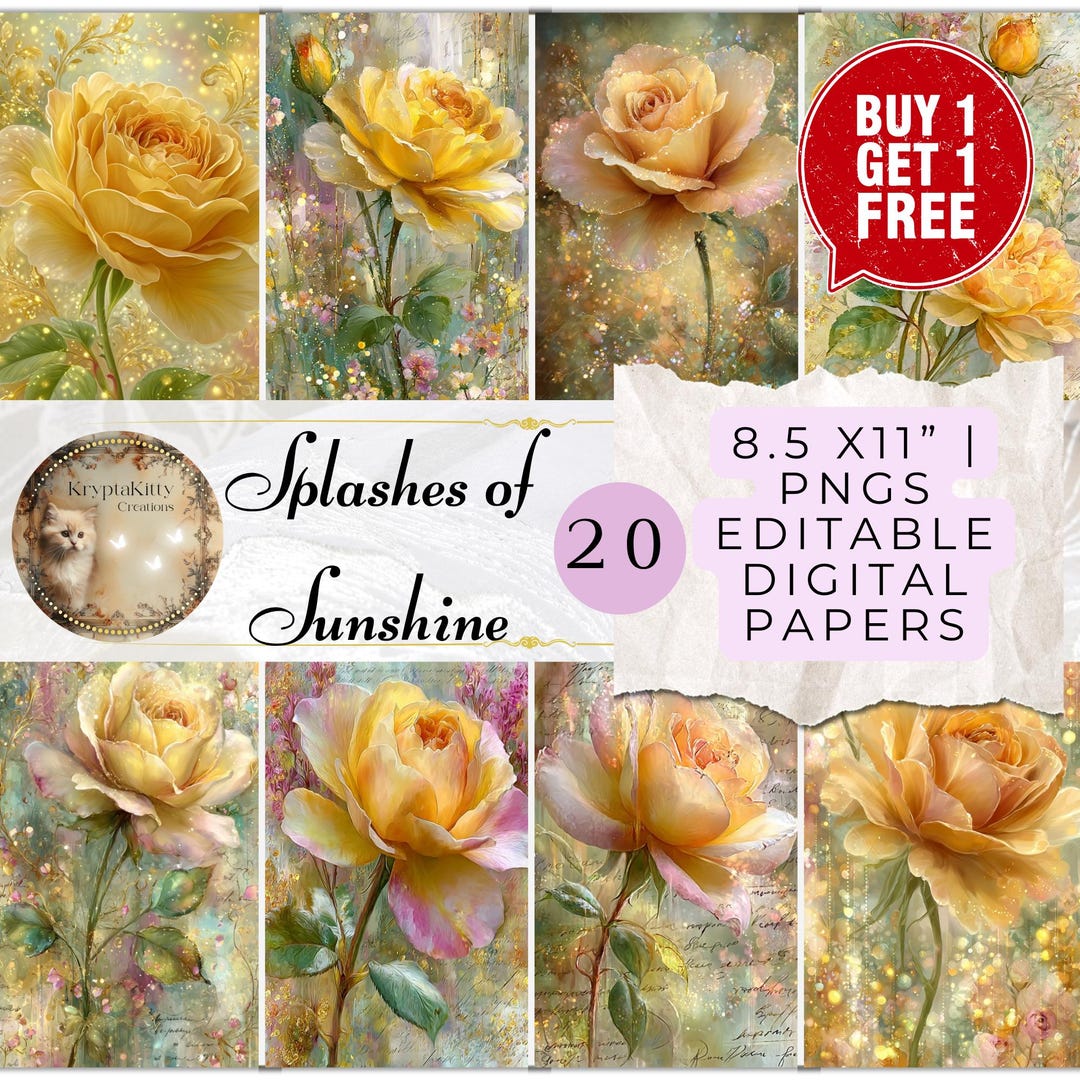 Yellow Rose Digital Paper: Iridescent Floral Backgrounds for Junk ...