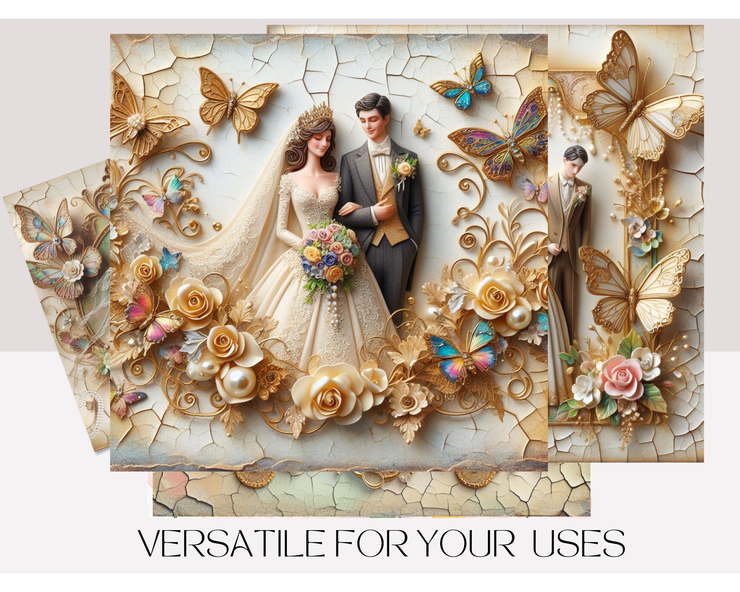 Wedding Digital Paper, Gold Boho Wedding Background, Flowers and Lace ...