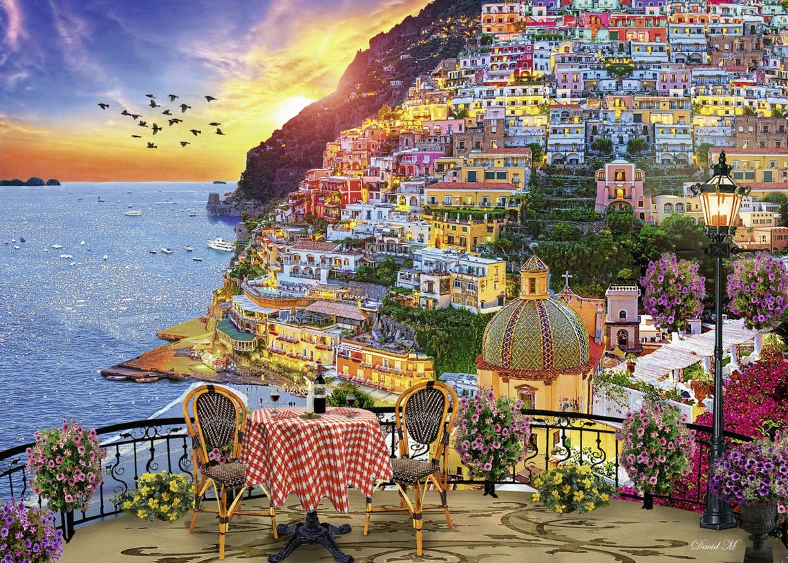 13"x19" Dinner in Positano Italy Mediterranean Ocean Sea View Sunset ...