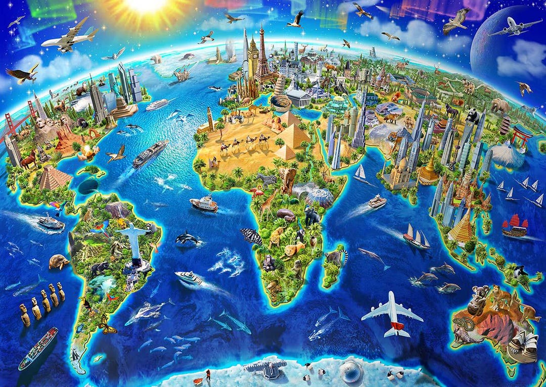 Global World Map With Famous Places Landmarks Travel, Gallery Wrap ...