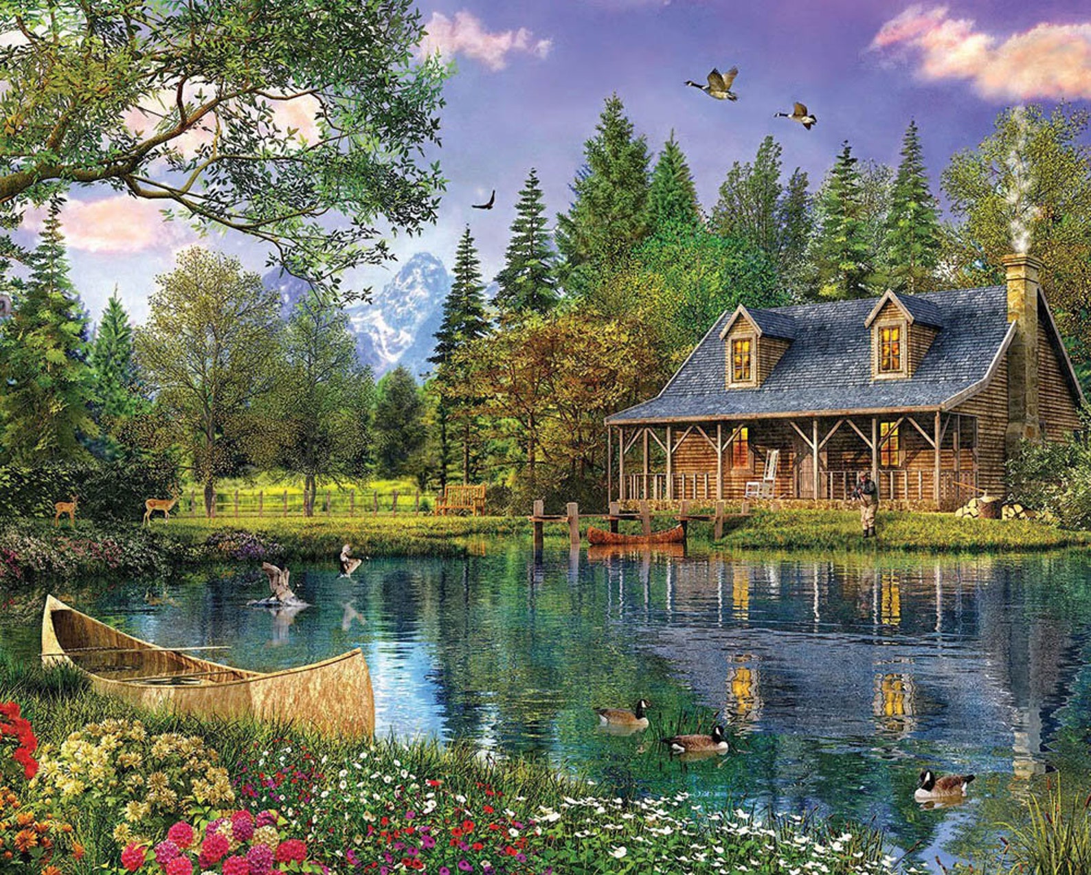 24"x18" Country Scene Garden Duck Nature Beauty Lake Cabin Fish Ultra ...