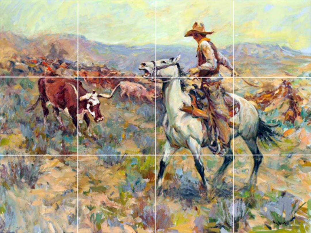 Ceramic Tile Mural Backsplash Medallion Kitchen, Outdoor. Cattle Drive ...