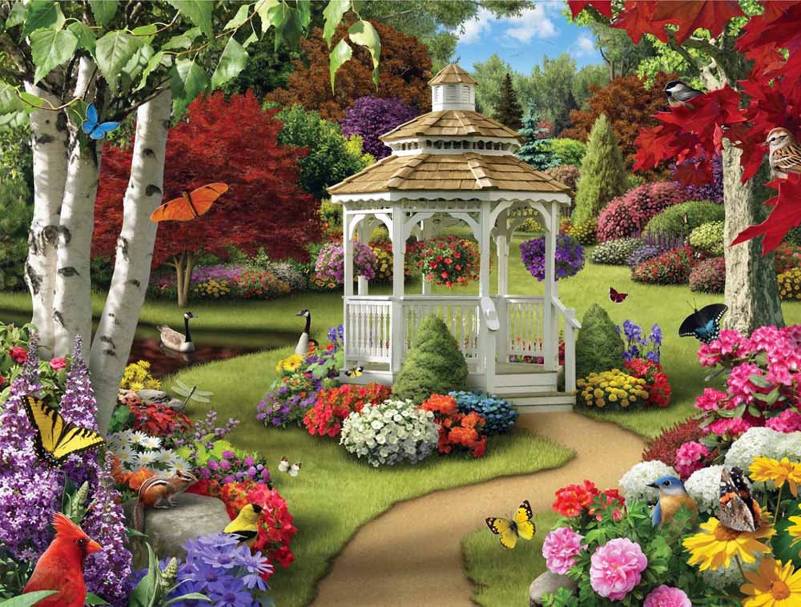 24"x18" Park Scene With Flower Garden Gazebo Pond Swans Nature Beauty ...