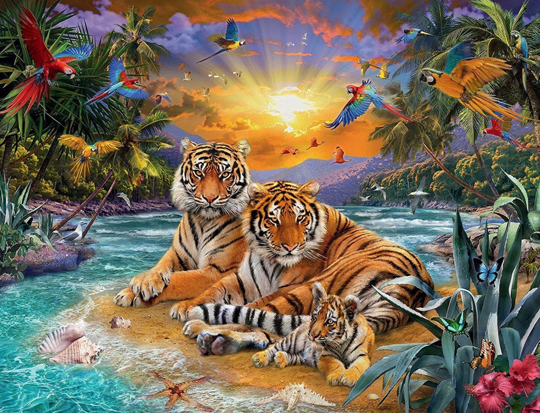 24"x18" Tigers Parrots Tropical Birds Beach Garden Ocean View Sunrise ...