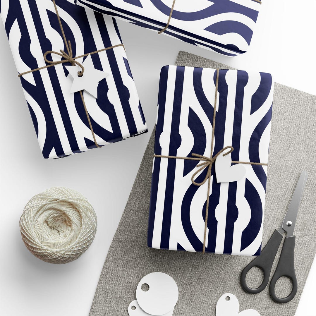 Gift Wrap Paper - Modern Art Deco Style L Navy Blue and White Wrapping ...