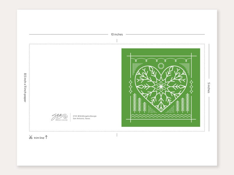 5x5 Printable Christmas Card | Heart Snowflake | Green and White ...