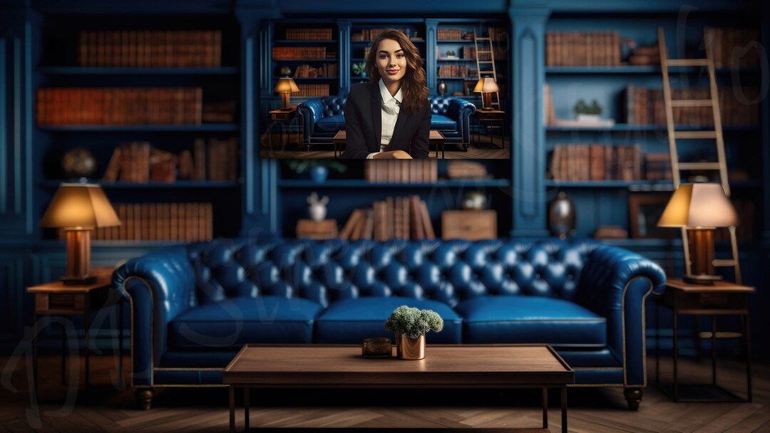 Blue Sofa Couch Bookshelf Backdrop for Virtual Meetings, Office ...