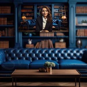 Blue Sofa Couch Bookshelf Backdrop for Virtual Meetings, Office ...