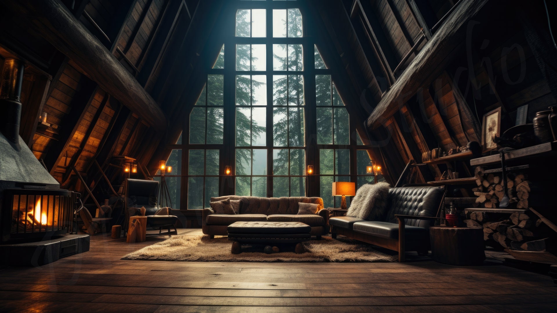 Large Window Log Cabin Backdrop for Virtual Meetings and Office ...