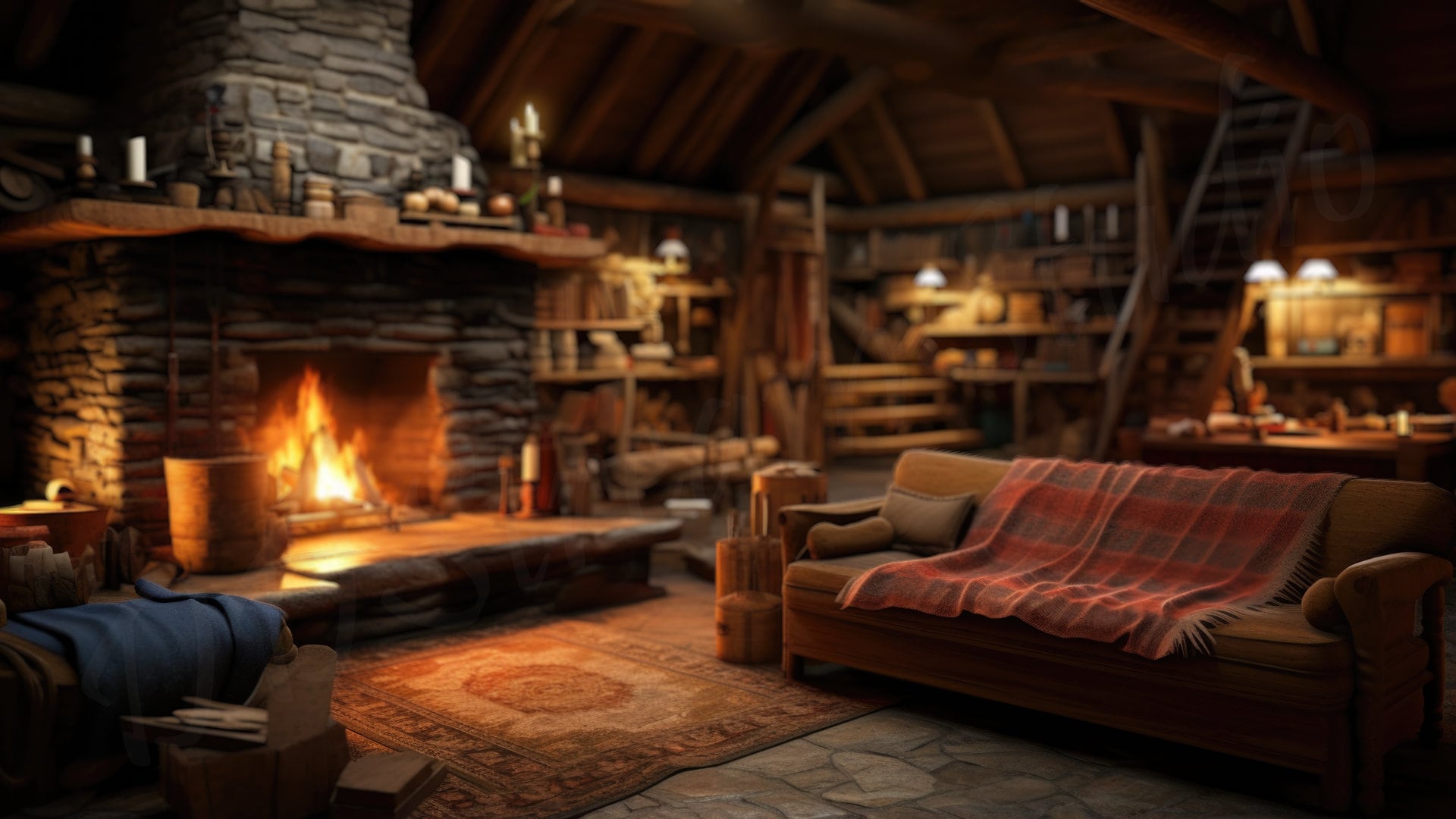 Log Cabin Fireplace Background