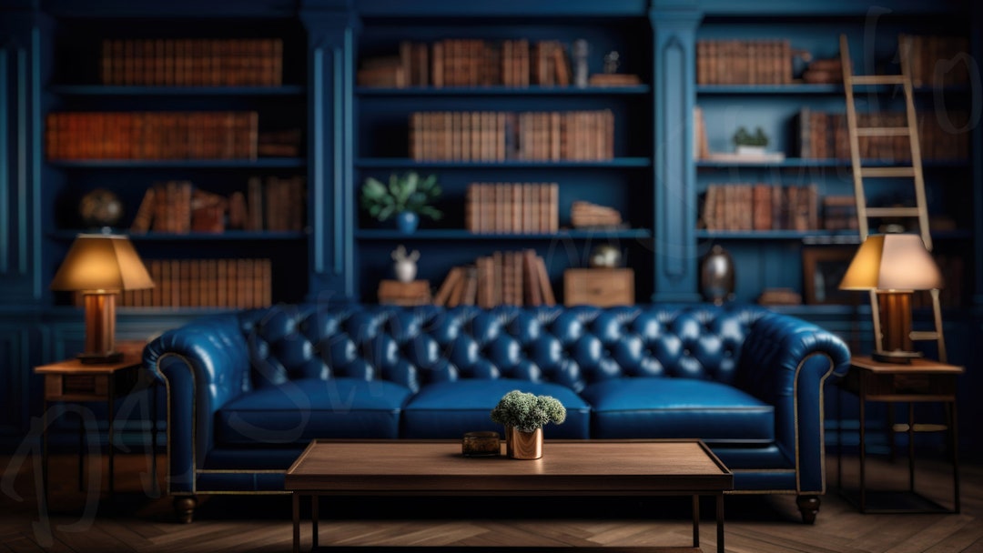 Blue Sofa Couch Bookshelf Backdrop for Virtual Meetings - Etsy