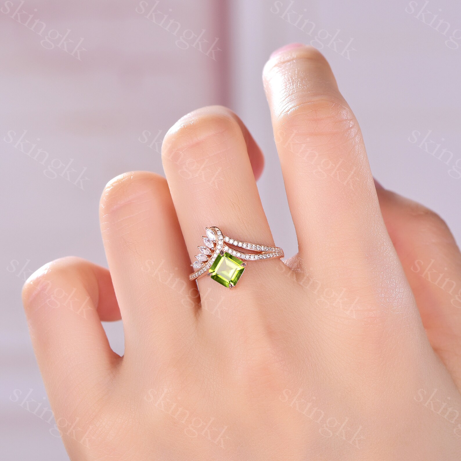 Vintage Princess Cut Peridot Engagement Ring, 14k Rose Gold, Moissanite ...