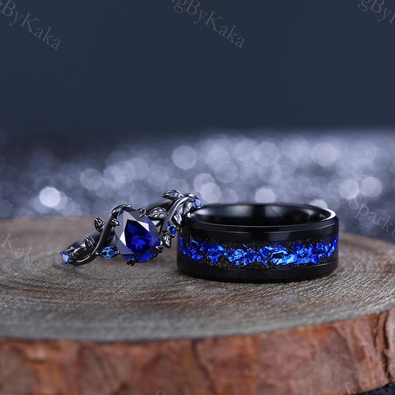 Sapphire Couple Ring Set, Tungsten Wedding Rings, Promise Rings - Etsy ...