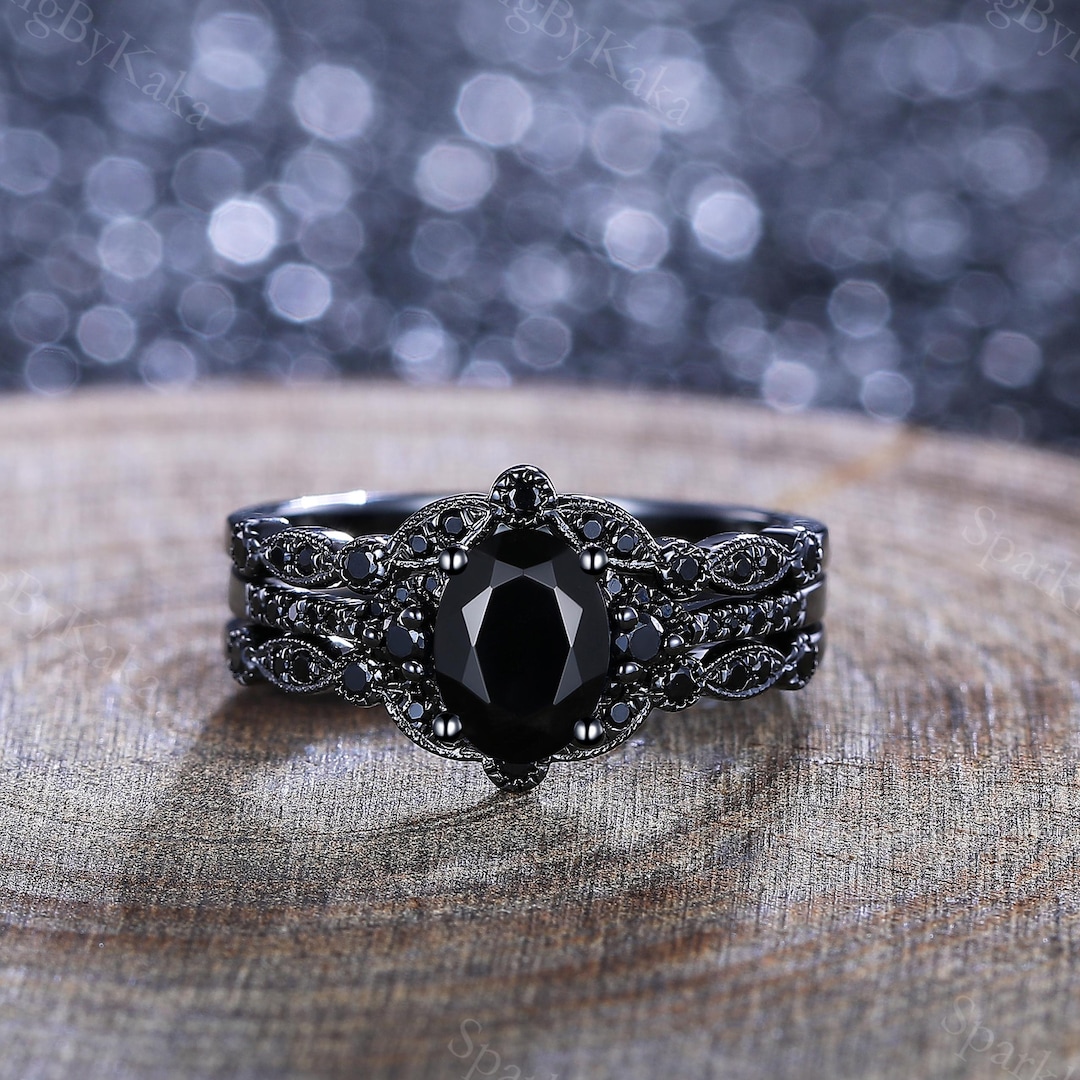 3PCS Gothic Black Onyx Engagement Ring Set Black Onyx Stacking Wedding ...