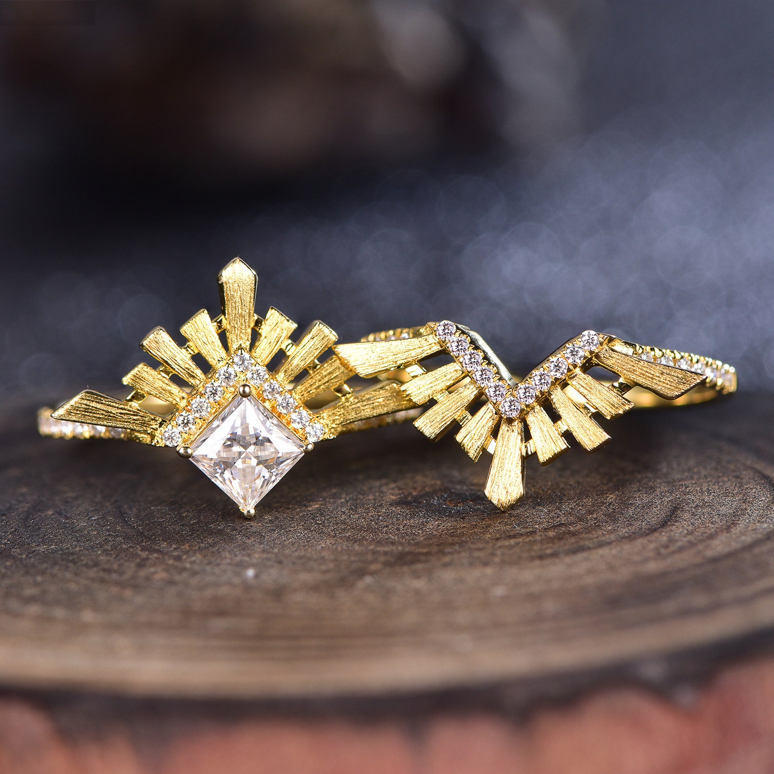 Princess Ring Set Moissanite Engagement Ring Set Gold Ring - Etsy