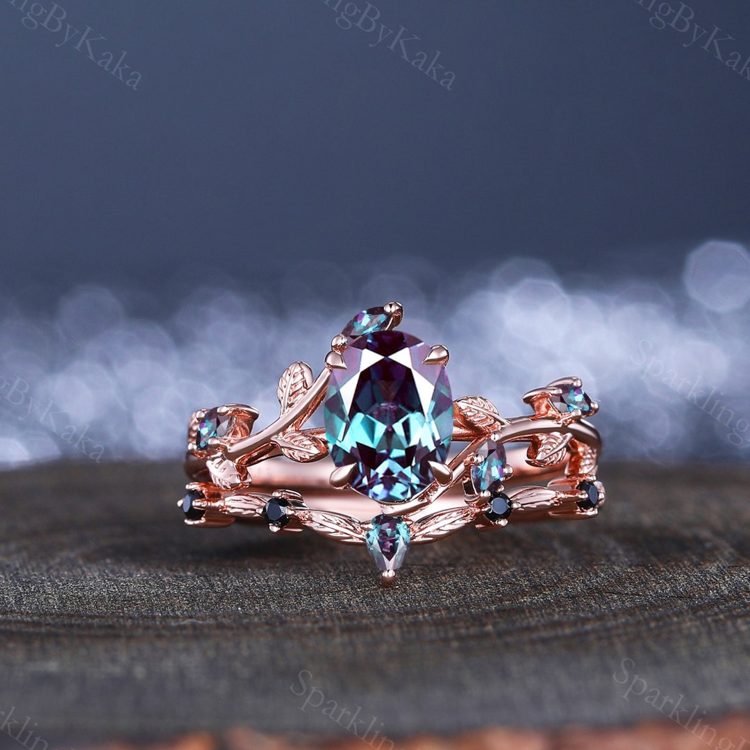 Vintage Oval Alexandrite Ring Set, 14k Rose Gold & Black Onyx - Etsy
